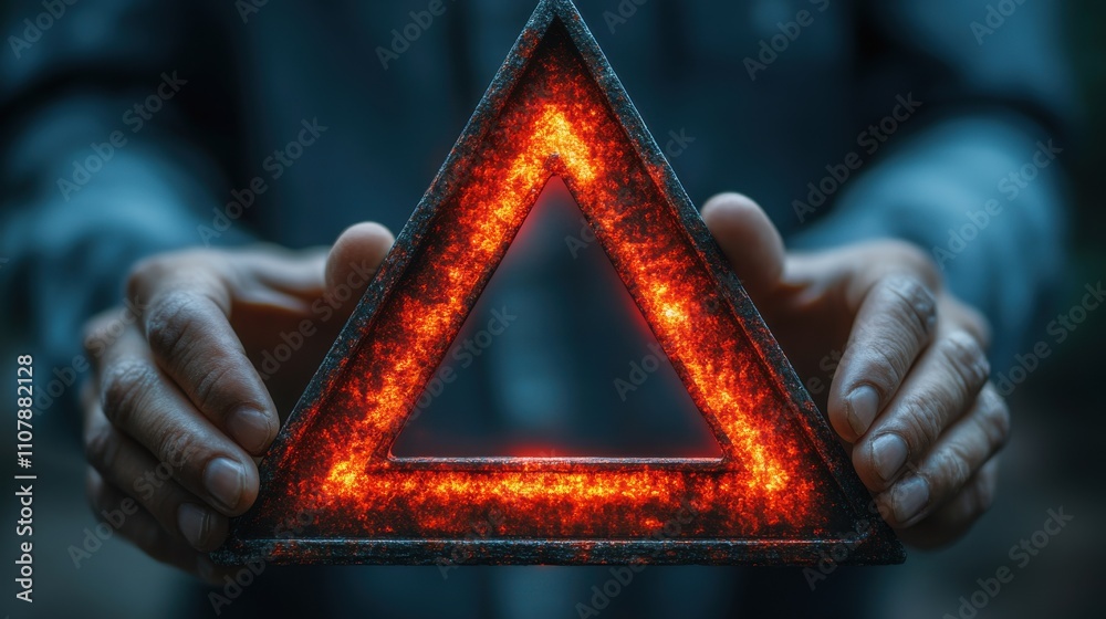 human hand showing red triangle caution warning sign for maintenance ...