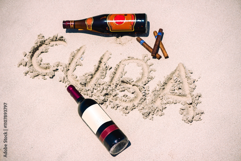 bottles of wine and rum on the ocean shore, cigars, cuban cigars, cuban ...