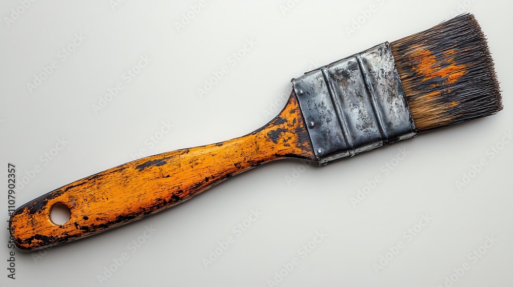 old filthy paintbrush with a large wooden handle painting for a ...