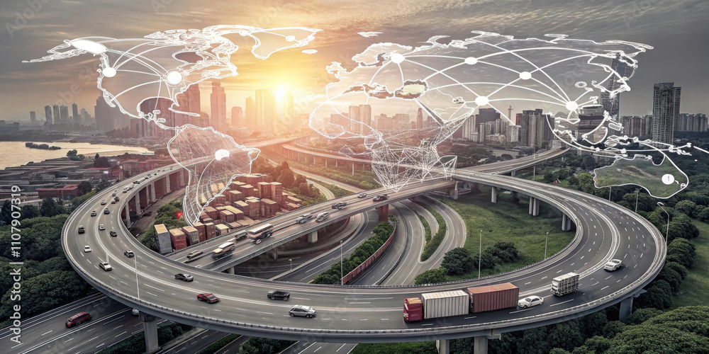 A complex highway interchange is bustling with traffic as the city ...