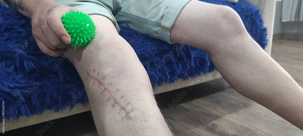 Scars after knee surgery, leg fracture requiring surgery and metal ...