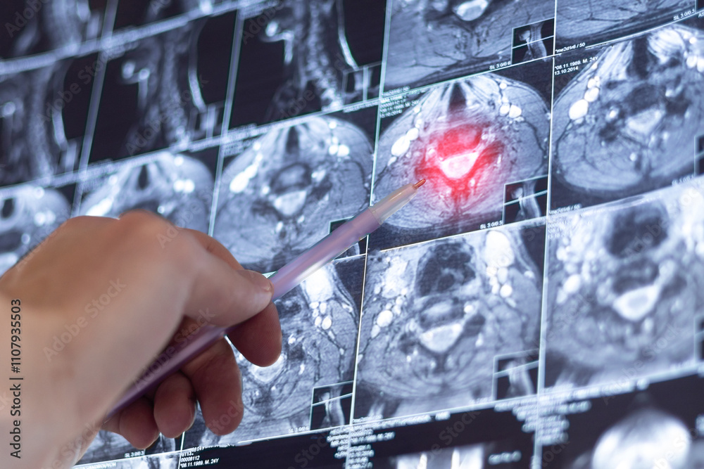 Doctor examining MRI neck spine. X-ray scan. Spondylosis of the ...