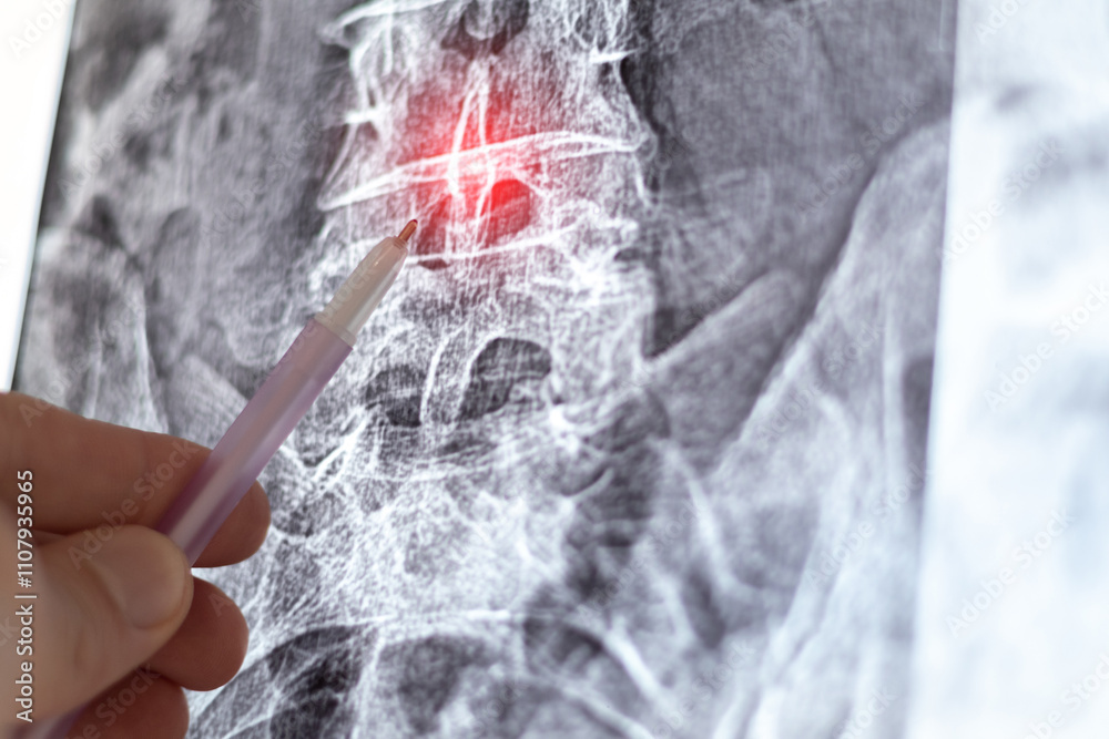 Doctor learning Lumbar spine X-Ray with scoliosis. Digital radiography ...