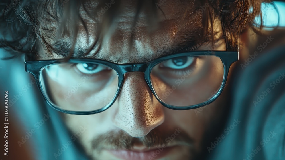This photo shows a man wearing glasses staring intently into the camera ...