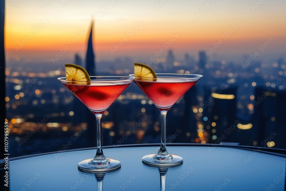Two classy cocktails sit on rooftop bar table overlooking city skyline ...