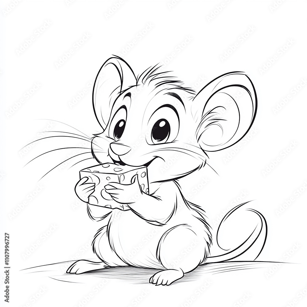 Coloring page for kids with a cute cartoon mouse eating cheese, with ...