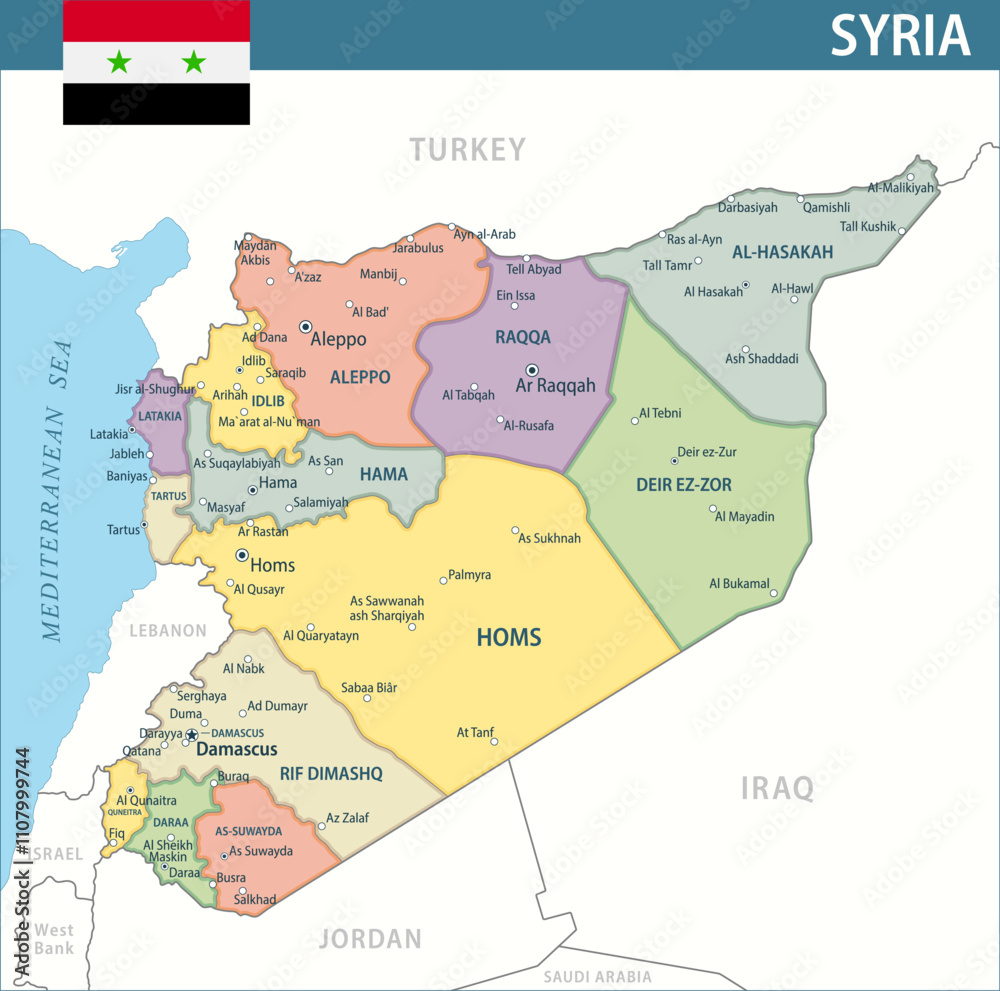 Syria Map Vector New 2024 Colorful - Customizable layered political map ...