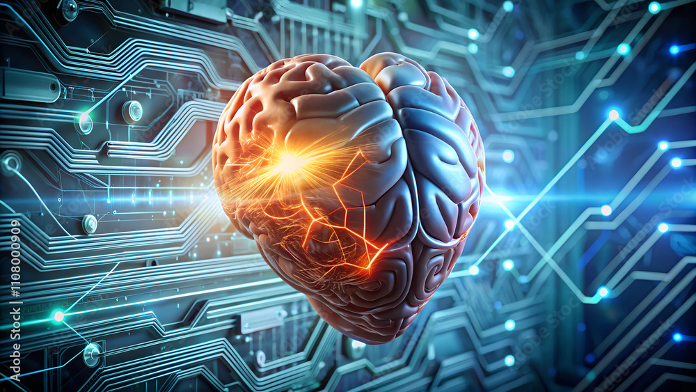 Digital rendering of brain made of glowing circuits and beating heart ...