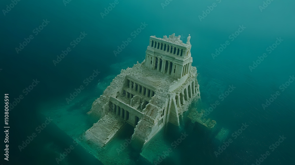 Visualisation of Atlantis being submerged beneath the sea, with grand ...