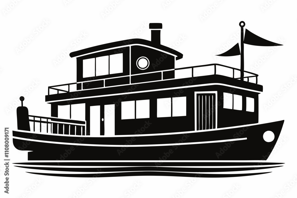 houseboat line art silhouette vector illustration Stock Vector | Adobe ...