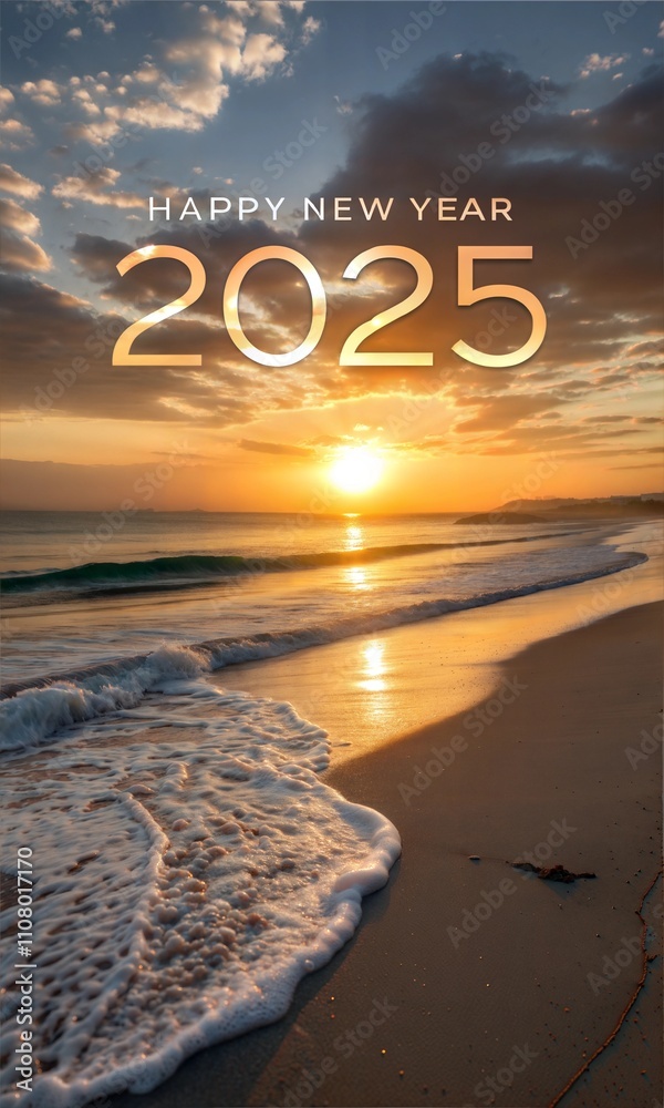 Happy new year 2025: concept of new year 2025 with sunrise on the beach ...