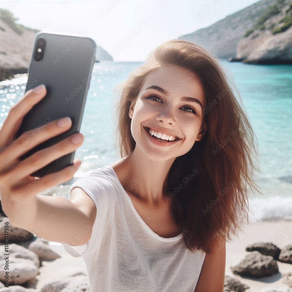 Smiling Young Woman Taking Joyful Selfie on Serene Rocky Beach with ...