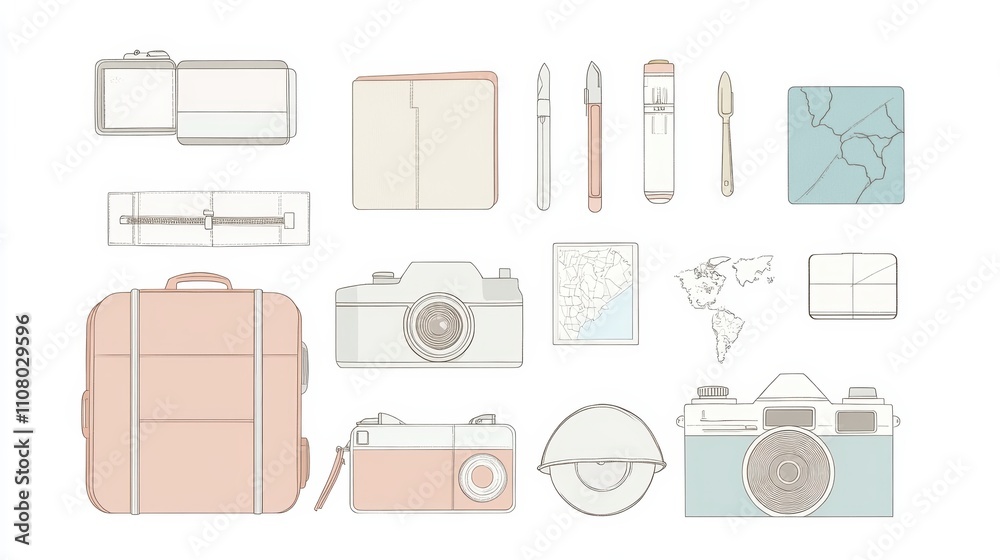 Travel essentials illustration for millennials line art collection ...