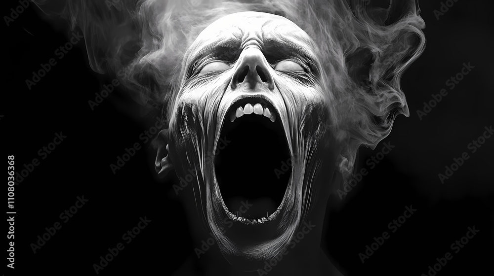 Creepy spectral face screaming with wide mouth and dead eyes isolated ...