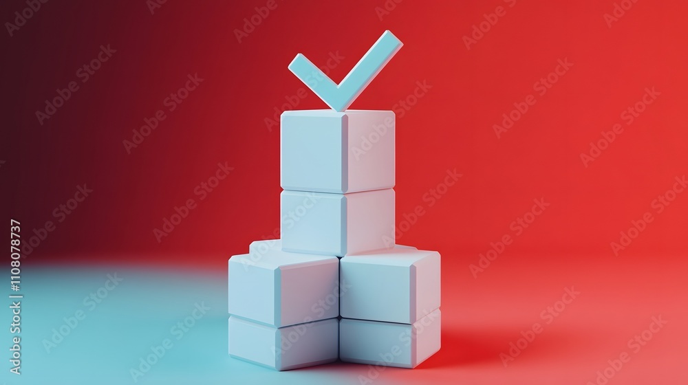 White cubes stacked in a pyramid shape, topped with a check mark, on a ...