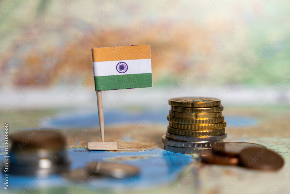 indian flag on map with stacked coins, economic growth, international ...