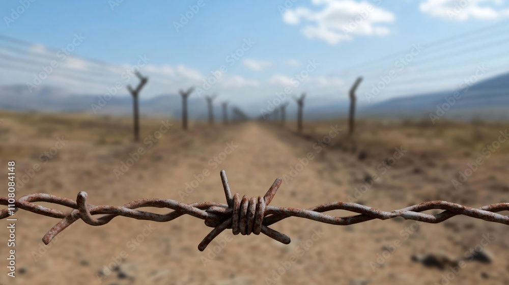 Barbed wire fence in arid desert landscape. Rusty barrier stretching ...