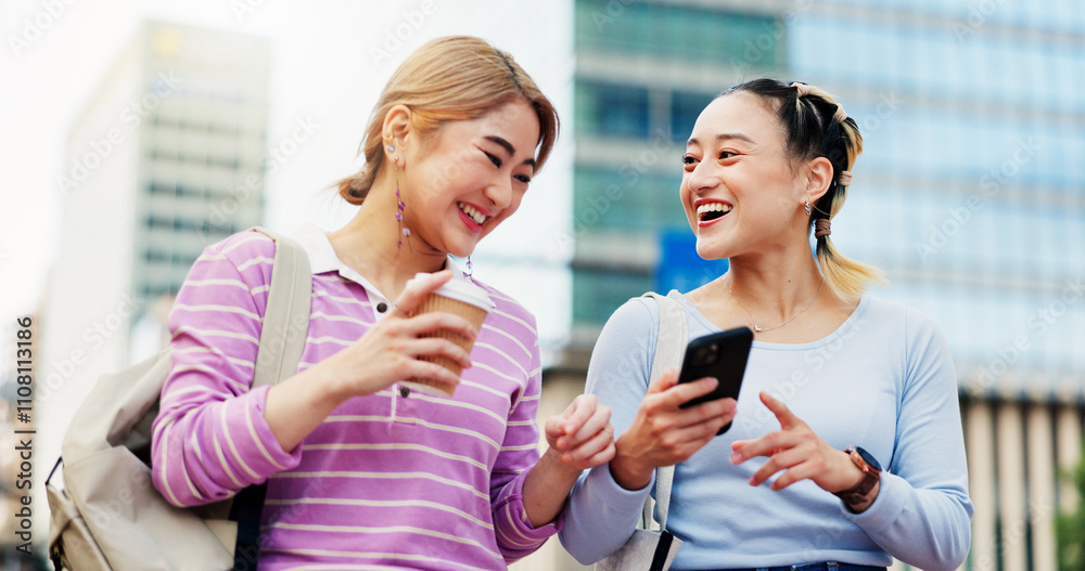 Happy, students and mobile in city for social media, gossip story and ...
