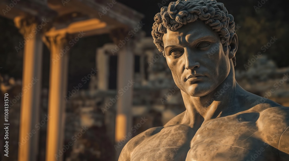 Ancient statue of strong man. Muscular figure looks directly at viewer ...