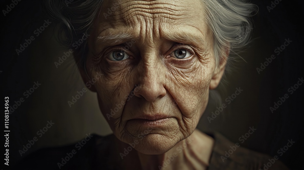 Elderly woman with deep wrinkles stares directly at camera. Sad ...
