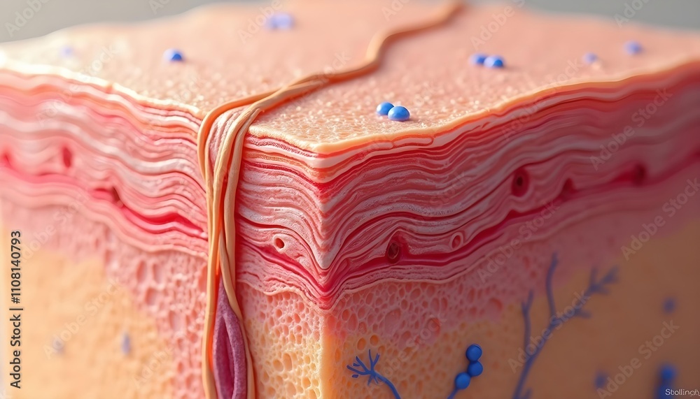 The cross-section of human skin displays various layers including ...