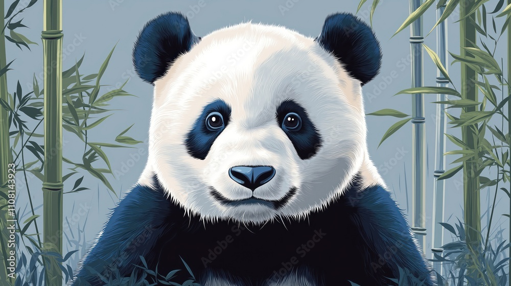 Giant panda bear illustration in rich bamboo forest. Close-up view of ...