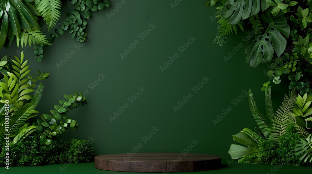 Minimalistic green botanical background with lush tropical leaves and ...