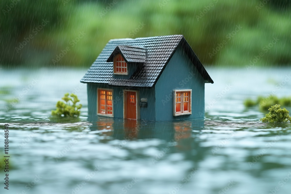 Small house model in floodwaters. Severe weather causes rising water ...