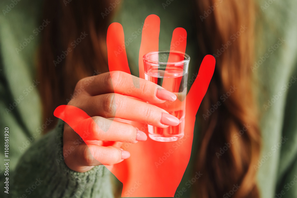 Alcohol addiction and social problem. Woman holding vodka shot with ...
