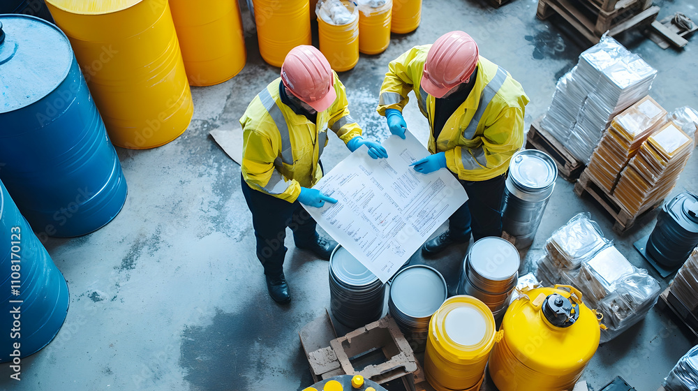 Workers Reviewing Safety Data Sheets (SDS) for Hazardous Chemicals with ...