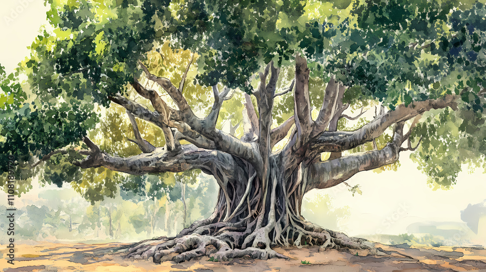 A majestic sacred fig tree stands tall, its sprawling canopy and ...