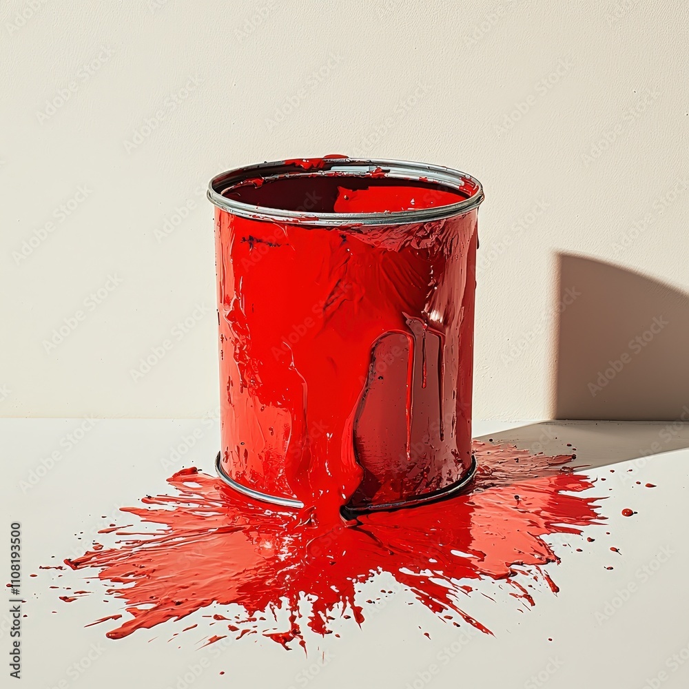 Metal bucket filled with red paint, with paint dramatically spilling ...