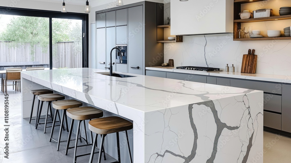 Modern kitchen interior design with elegant quartz, marble countertops ...