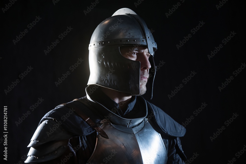 Stock-Foto „Knight in Shadow: A medieval knight, clad in steel armor ...