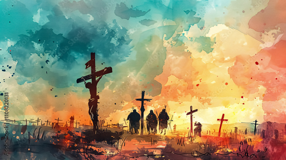 Ilustración de Stock Jesus Dies on the Cross: Digital watercolor painting depicting the ...