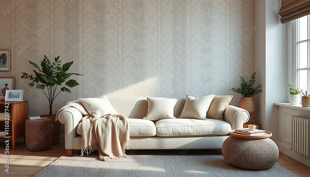 "A cozy living room wallpaper with soft lighting, showing a plush sofa ...