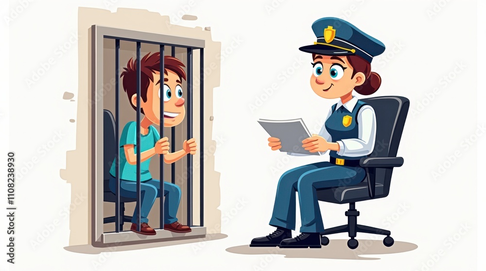 Cartoon of a Smiling Police Officer and a Young Prisoner Behind Bars in ...