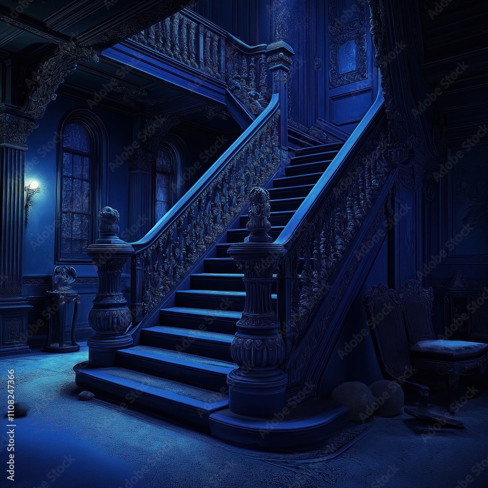 Ornate dark blue stairs in haunted house at night. Winter snow covers ...