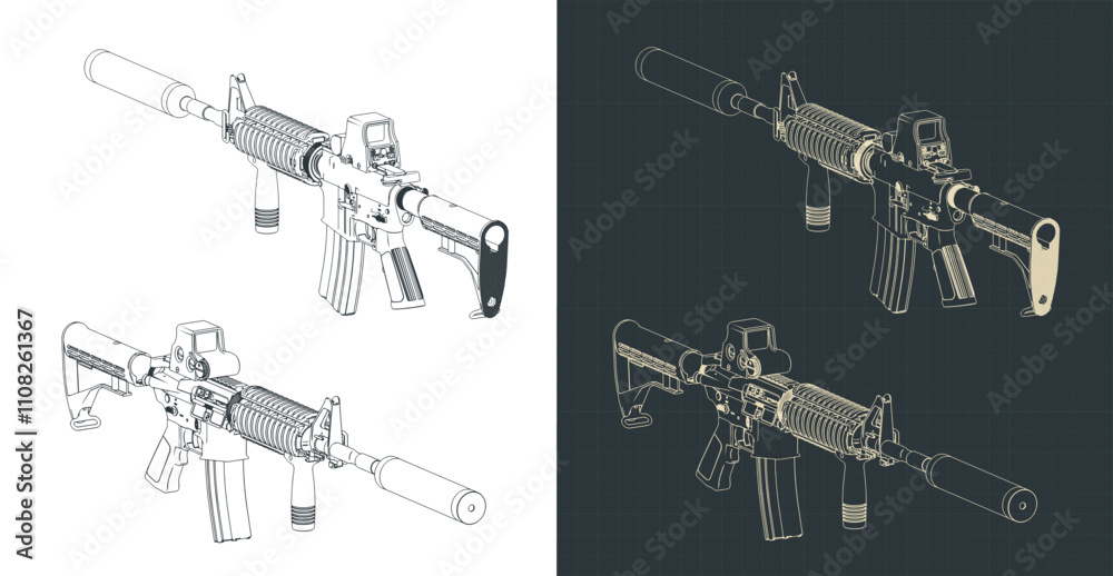 Automatic carbine M4A1 isometric blueprints Stock Vector | Adobe Stock
