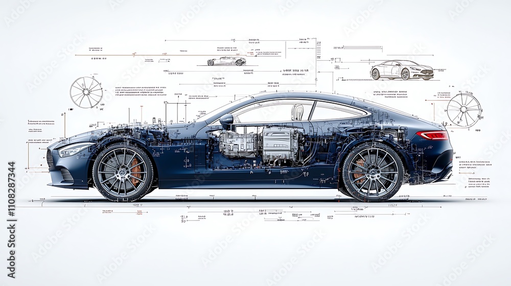 Multi-view blueprint of a modern hybrid vehicle with exploded details ...