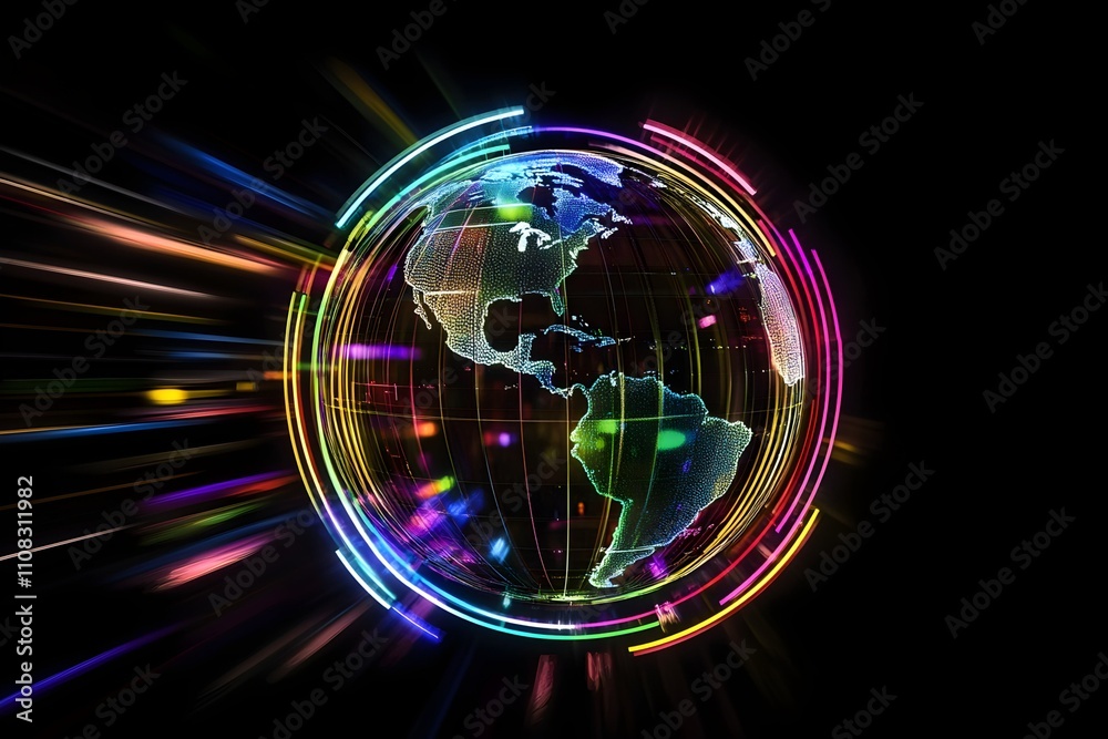 Neon wireframe globe with time zones isolated on black background ...