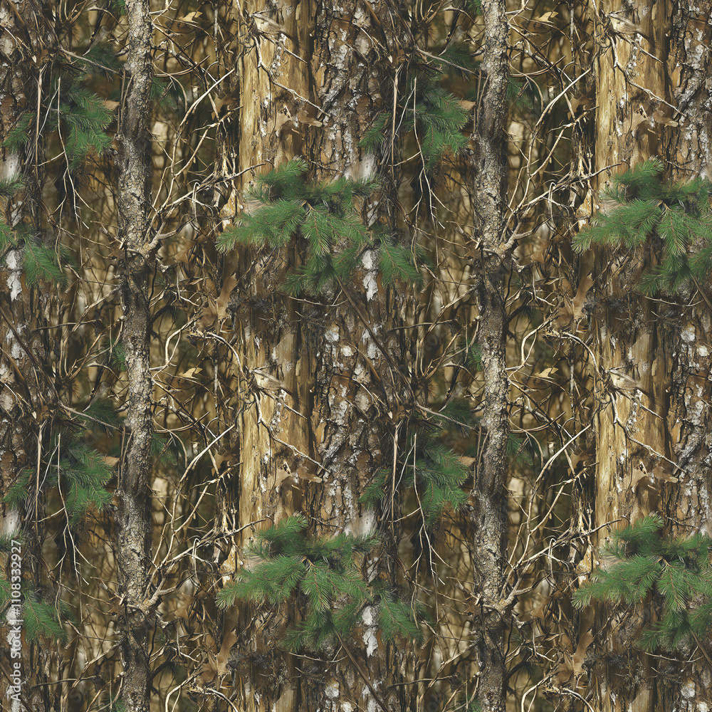 Camo Pattern in Brown Earth Tones with Branches of Green Pine Needles for Military and Outdoor ...