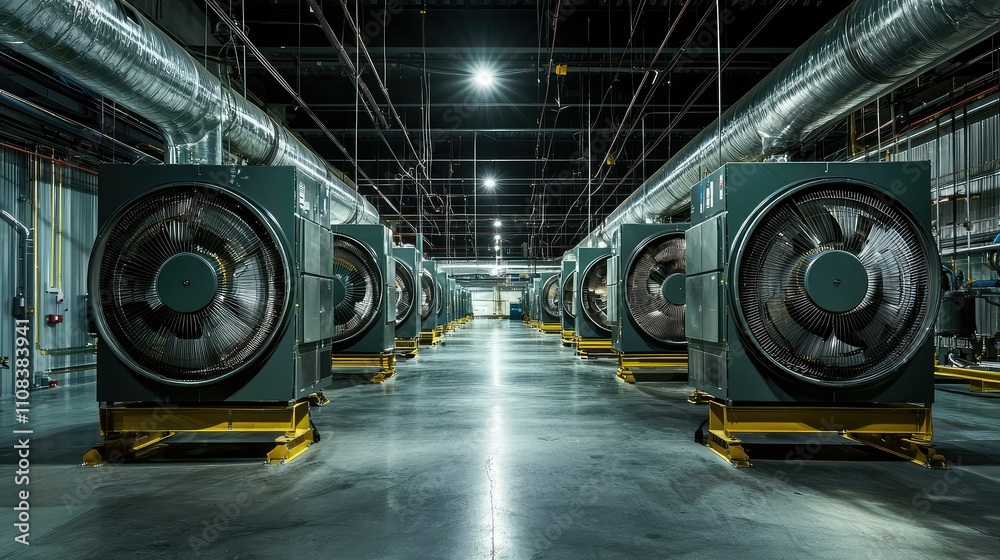 Industrial Cooling System Featuring Large Fans in a Spacious Warehouse ...