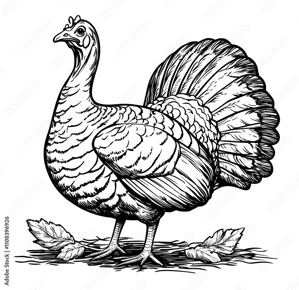 Black and white vector illustration of a turkey, full body, simple ...