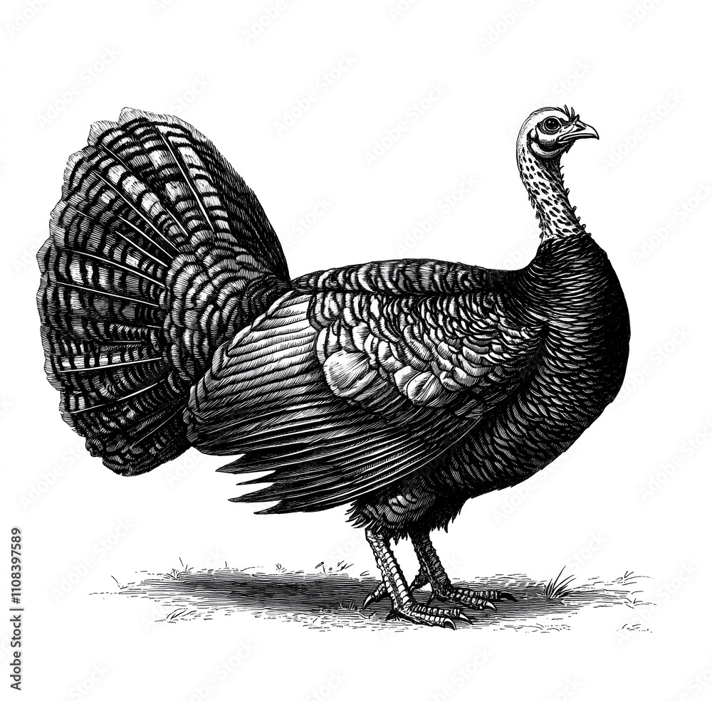 Black and white vector illustration of a turkey, full body, simple ...