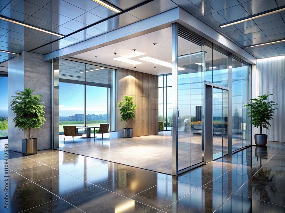 Aerial View Office Entrance Mockup: Glass Door, Metal Handles, Sign ...