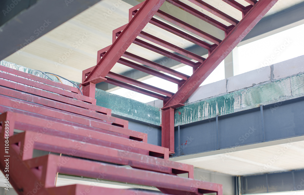 Stairs steel red color, building construction, housing, factory, multi ...