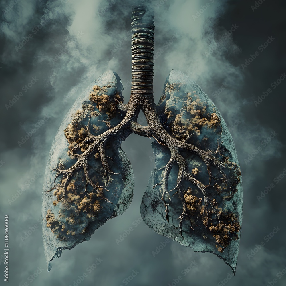 A depiction of unhealthy lungs affected by poor air quality and smoker ...