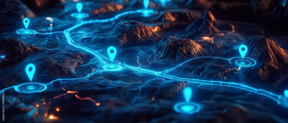 An eye-catching visualization of blue glowing location pins on a dark ...