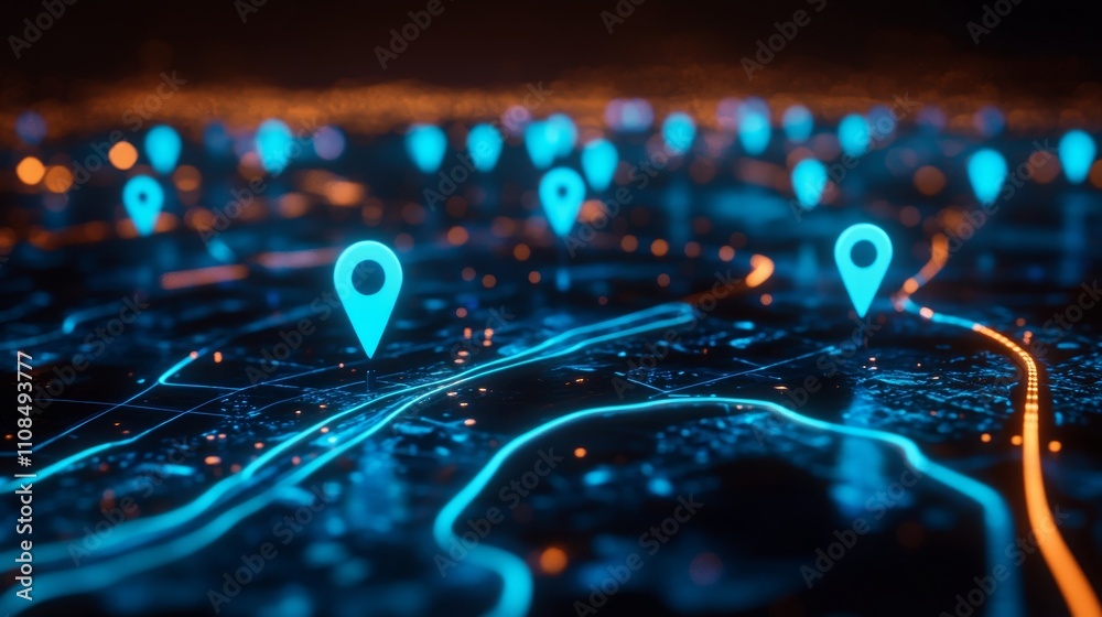 An eye-catching visualization of blue glowing location pins on a dark ...